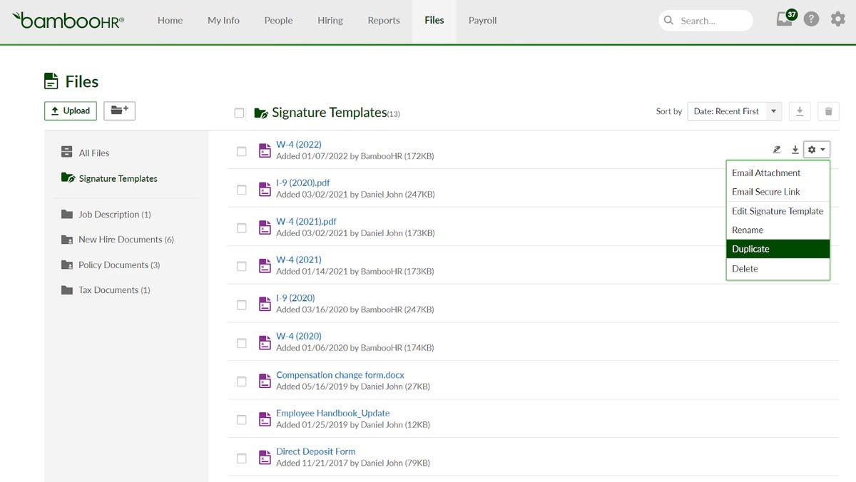 Duplicate E-Signature Templates | Product Updates | BambooHR