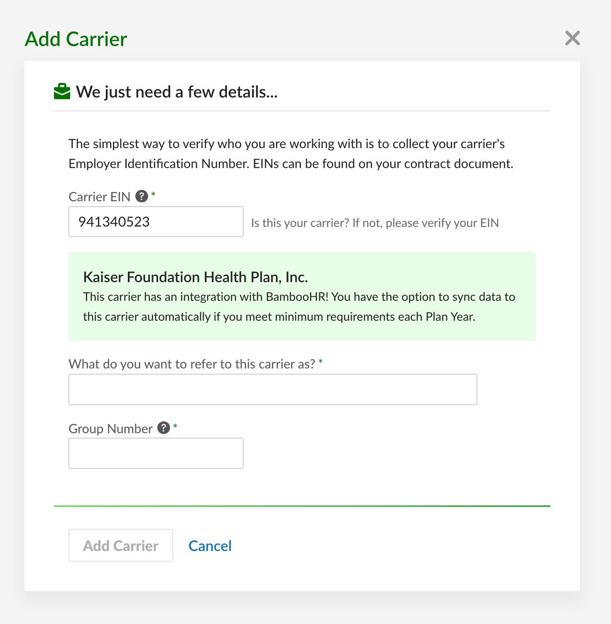 Enhancements to Add Carrier Process | Product Updates | BambooHR