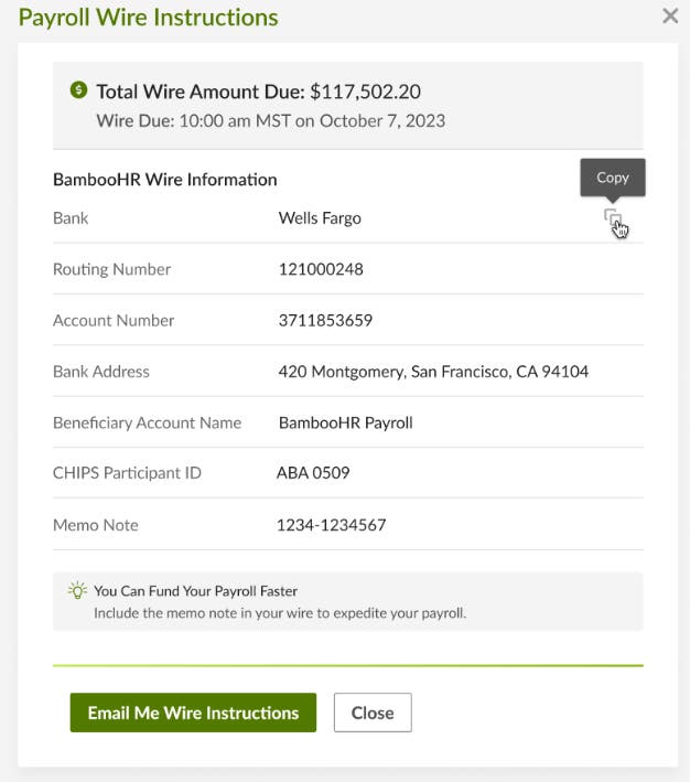 Wire Instructions Added to Payroll Review Page | Product Updates | BambooHR